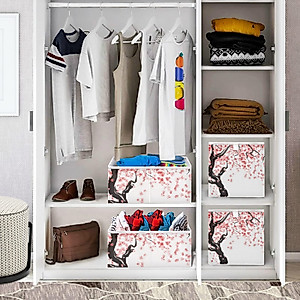 Poeticcity Red Pink Japanese Cherry Blossom Flowers Black Trunk on White Square Storage Basket Bin, Collapsible Storage Box, Foldable Nursery Baskets Organizer for Toy, Clothes Easy to Assemble