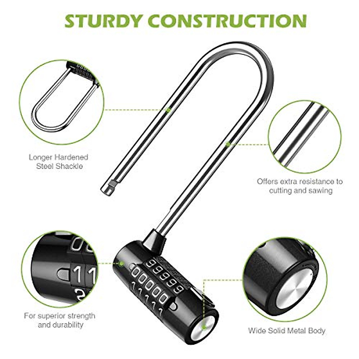 KeeKit 5 Digit Combination Padlock, 4.65 Inch Long Shackle Resettable Padlock, Lengthened Gym Lock Waterproof for School, Employee, Gym & Sports Locker, Gate, Case, Toolbox, Fence - Black