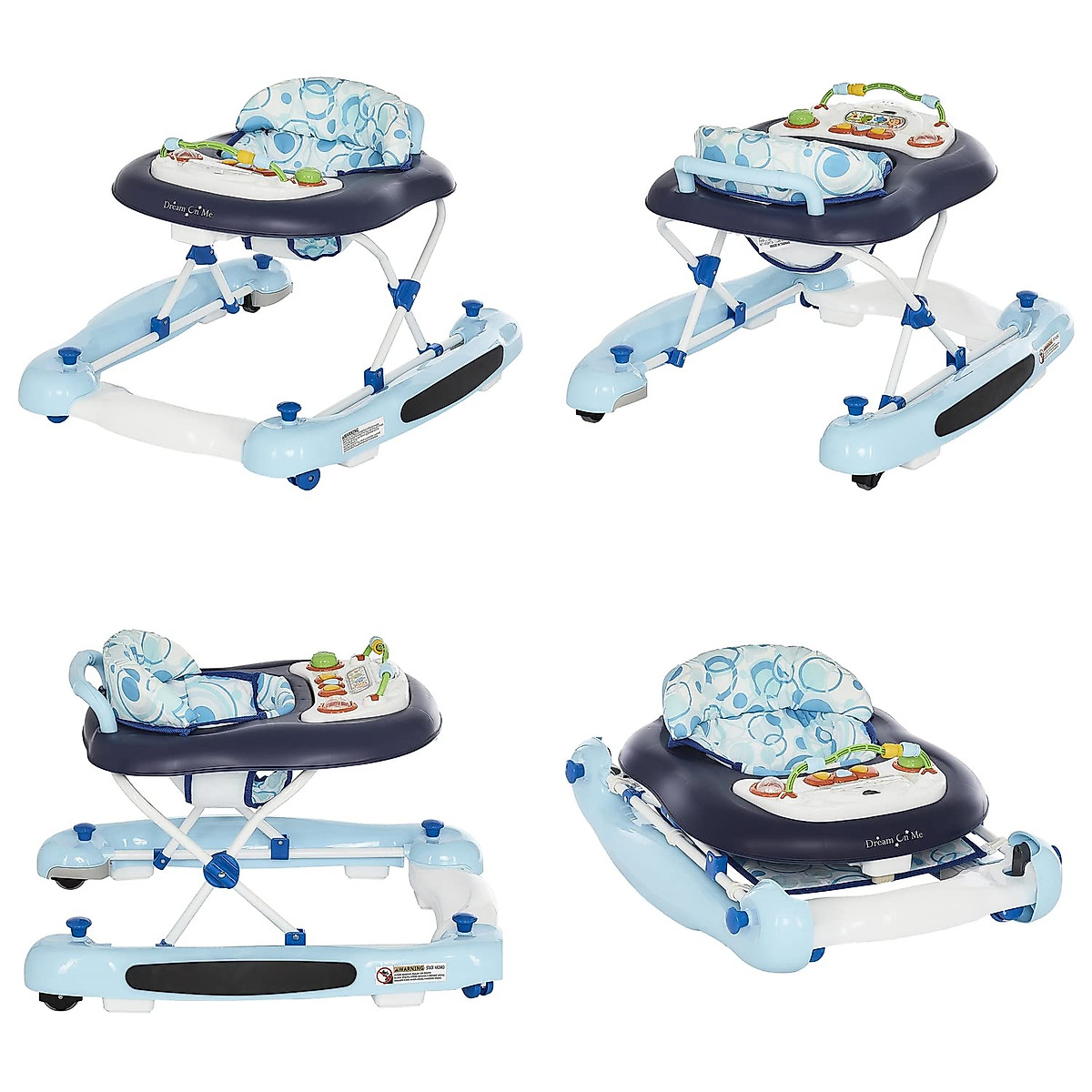 Dream On Me Go-Getter Baby Walker and Walk Behind Walker, Adjustable Seat Height, Comfortable Padded Seat, Easy to Fold, Pack and Store, Detachable Fun Tray, Blue