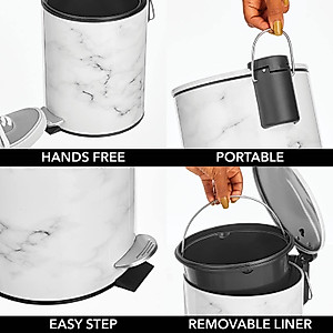 mDesign Metal 1.3 Gallon/5 Liter Round Step Trash Wastebasket, Garbage Container Bin with Lid for Bathroom, Powder Room, Bedroom, Kitchen, Craft Room, Office - Removable Liner Bucket - White Marble