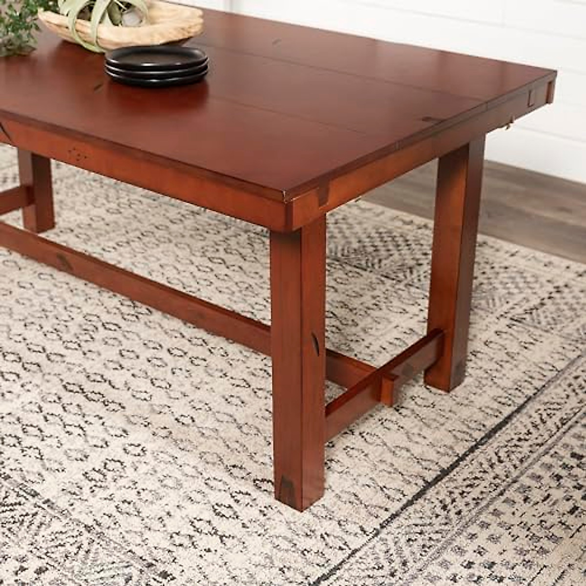Walker Edison Rustic Farmhouse Wood Distressed Dining Room Table with Expandable Leaf Kitchen Table Set Dining Chairs, 60 Inch, 6-8 Person, Oak Brown