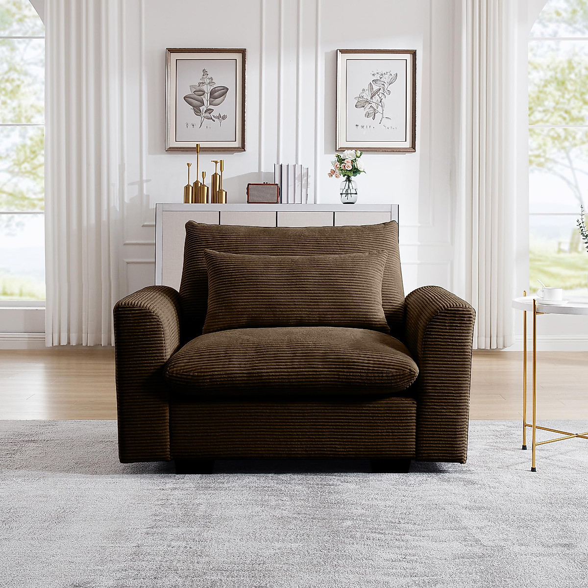SLEERWAY Oversized Accent Chair for Living Room, 51" Comfy Corduroy Sofa with Lumbar Pillow, Modern Oversized Single Sofa Chair and A Half with Wide Armrest for Living Room, Apartment, Office, Brown