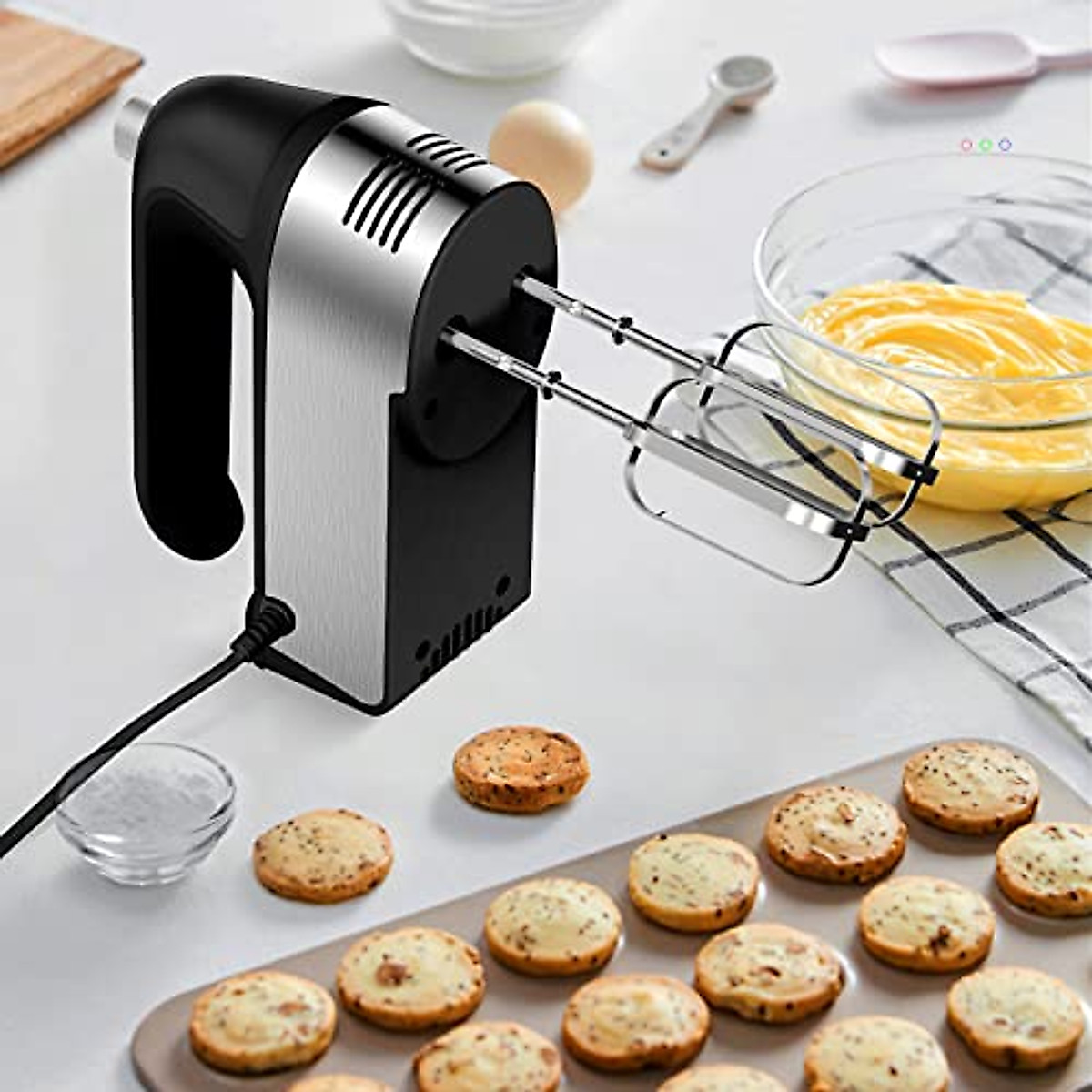 Hand Mixer Electric, 450W Kitchen Mixers with Scale Cup Storage Case, Turbo Boost/Self-Control Speed + 5 Speed + Eject Button + 5 Stainless Steel Accessories, For Easy Whipping Dough,Cream,Cake