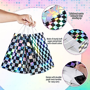 16Pcs Iridescent Checkered Race Car Party Favor Bags, Black and Iridescent Car Goodie Bags with Handles, Laser Plaid Kraft Paper Candy Gift Treat Bags for Kids Fast Race Car Birthday Party Decorations