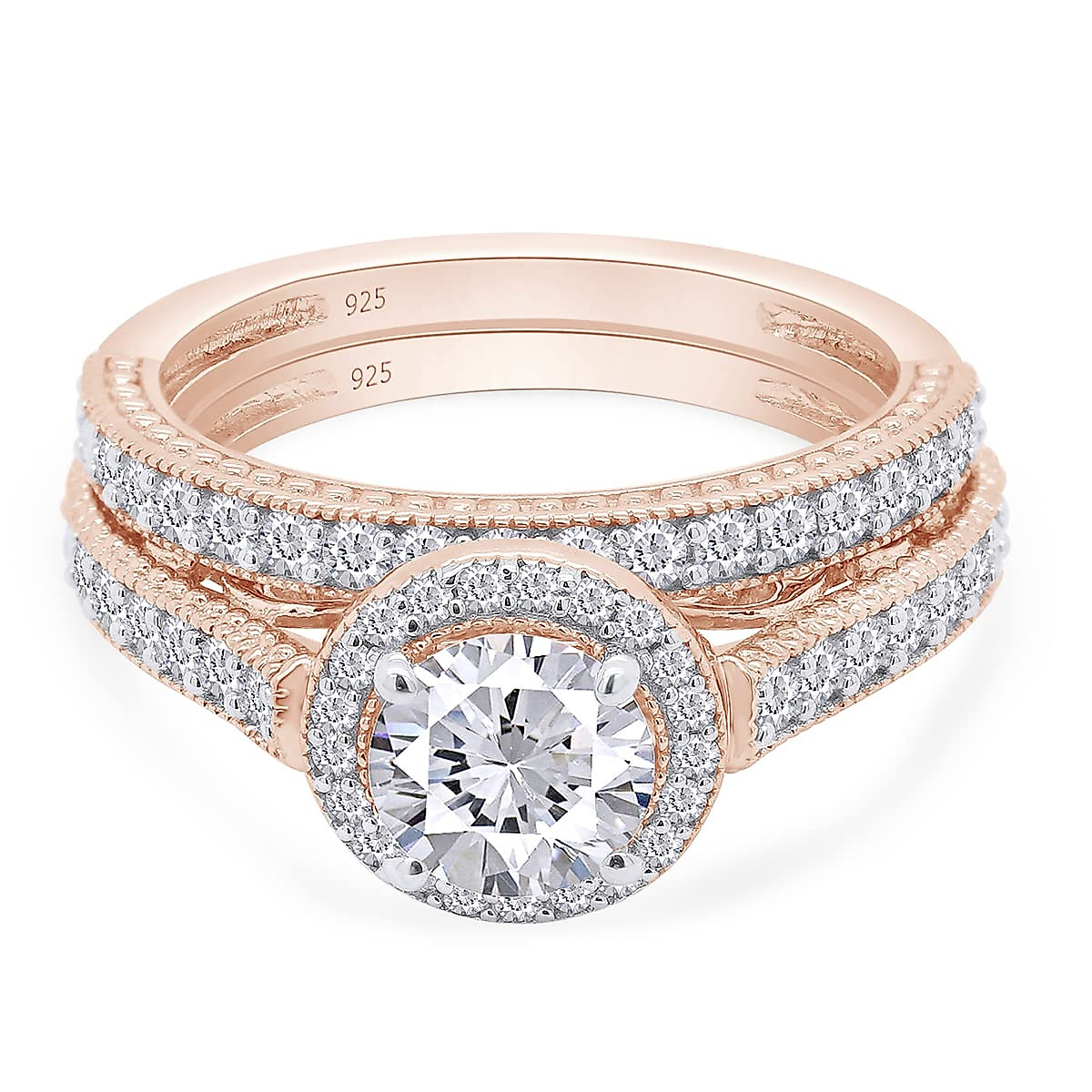 SAVEARTH DIAMONDS 1 1/4 Carat Round Cut Lab Created Moissanite Diamond Halo Bridal Set Engagement Ring In 14k Rose Gold Plated 925 Sterling Silver (G-H Color, 1.25 Cttw) Ring Size-8
