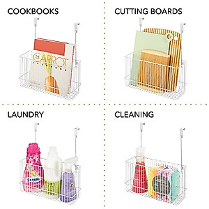 mDesign Metal Over Cabinet Kitchen Storage Organizer Holder or Basket - Hang Over Cabinet Doors in Kitchen/Pantry - Holds Bakeware, Cookbook, Cleaning Supplies - Steel Wire - White