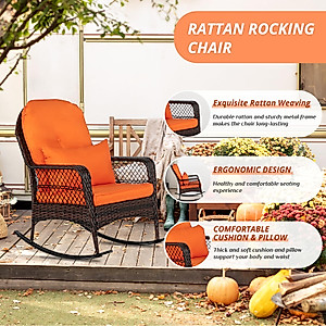 Outvita Rocking Chair, Outdoor PE Rattan Rocking Chair with Soft Orange Cushion and Pillow for Patio, Porch, Poolside, Living Room