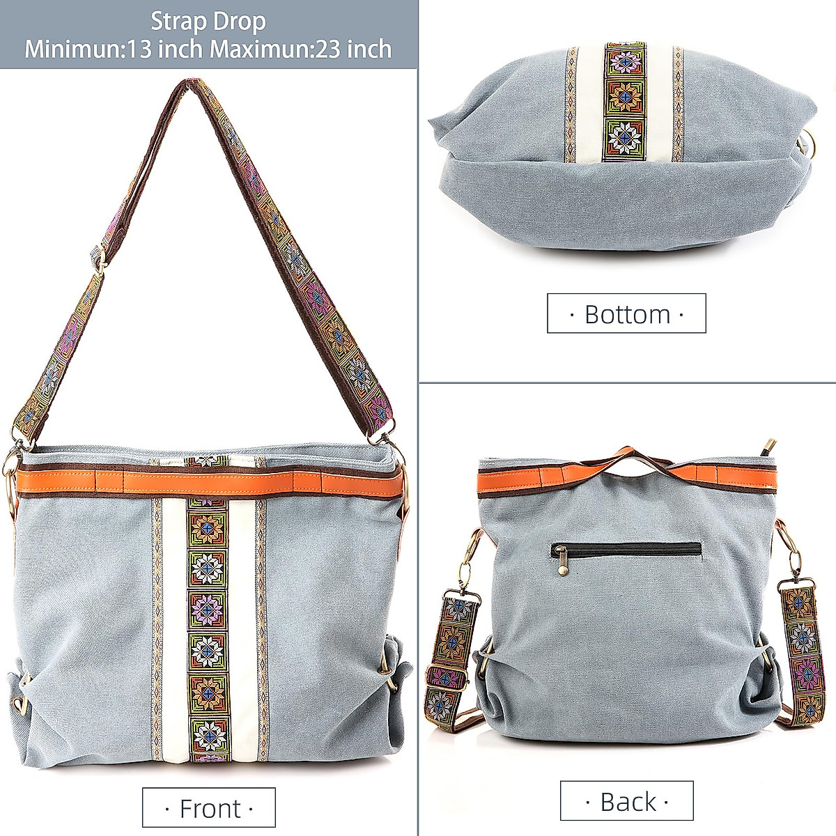 Women Canvas Crossbody Bag Shoulder Bag, Vintage Heavy-duty Tote Handbag (Light Blue) Medium