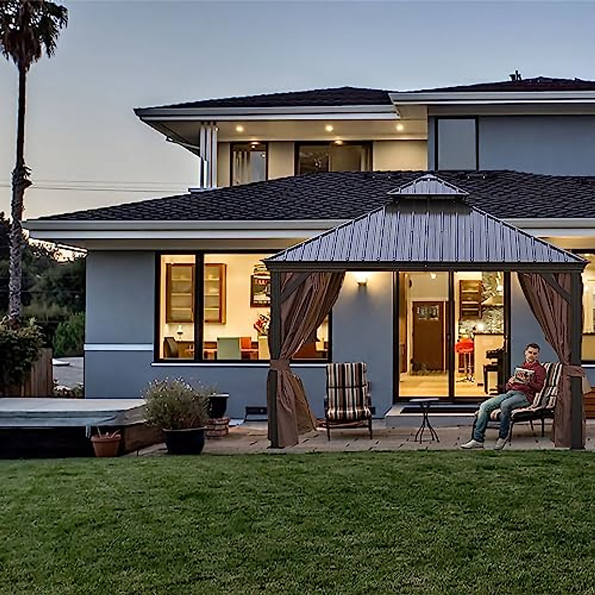 NANONYY 12’ X 12’ Hardtop Gazebo Sturdy Aluminum Construction with Galvanized Steel Double Roof Outdoor Gazebo for Patio, Lawn and Garden. Includes Curtains and Netting .Brown