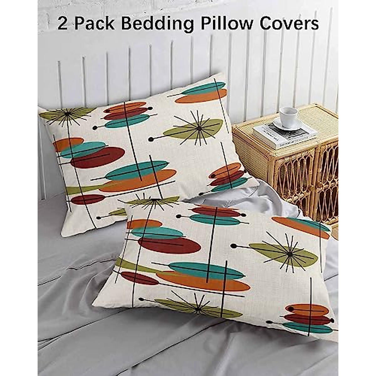 Edwiinsa Teal Red Orange Pillow Covers Standard Size Set of 2 20x26 Bed Pillow, Middle Century Geometric Abstract Art Burlap Plush Soft Comfort for Hair/Skin Cooling Pillowcases with Envelop Closure