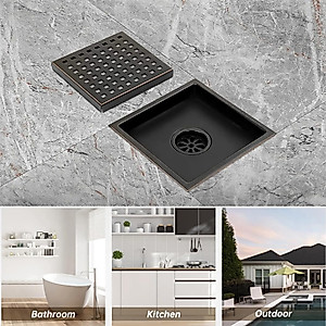 ELLO&ALLO Shower Floor Drain with Flange,Quadrato Pattern Grate Removable 6 Inch Square, SUS 304 Stainless Steel, Matte Black