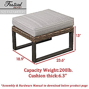 Festival Depot Patio Ottoman Wicker Footstool with Thick Cushion Metal Frame Outdoor Furniture for Deck Yard All Weather (Grey)