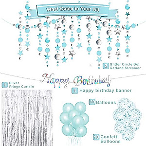 Turquoise Birthday Party Decoration - Sliver Happy Birthday Banner, Turquoise Glitter Circle Dot Garland Streamer, Sliver Fringe Curtain, Blue and Turquoise Balloons, Blue Birthday Party Decorations for Women and Men Birthday Party
