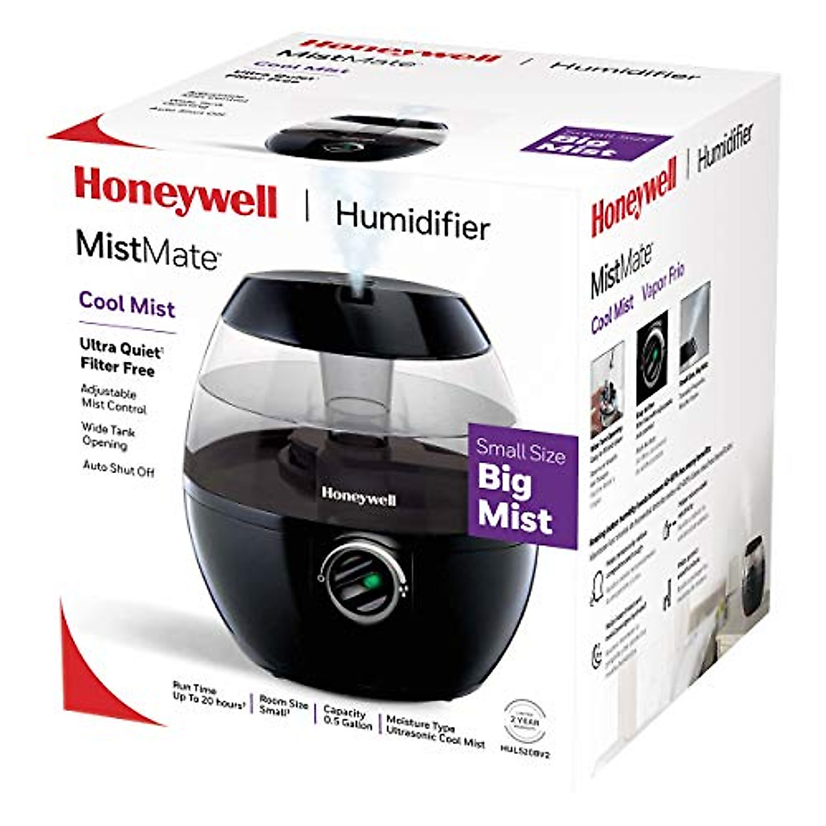 Honeywell HUL520B Mistmate Cool Mist Humidifier Black With Easy Fill Tank & Auto Shut-Off, For Small Room, Bedroom, Baby Room, Office