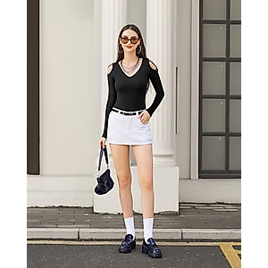 HERLOLLYCHIPS Long Sleeve Shirts for Women Deep V Neck Cold Shoulder Criss Cross Sexy Fitted Tops(Long Sleeve Black, X-Large)