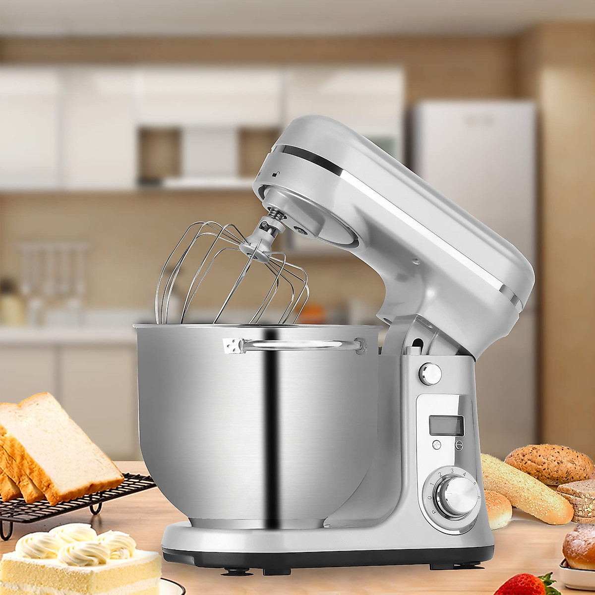 Biolomix Kitchen Electric Stand Mixer, 6-Speed Tilt-Head Food Mixer with 6.5-QT Stainless Steel Bowl, Dough Hook, Flat Beater, Whisk and Anti-Splash Cover (6.5-QT, Light Silver