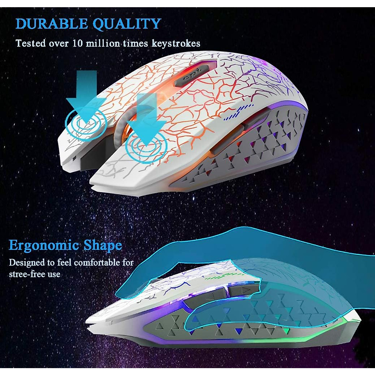 VEGCOO C10 Wireless Gaming Mouse, Rechargeable Gaming Mouse, Silent Optical Mice with 2.4G USB Receiver, 3 Ajustable DPI, 7 Colorful LED Lights for Gamer (White)