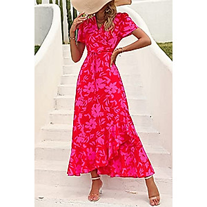 PRETTYGARDEN Women's Summer Wrap Maxi Dress Casual Boho Floral V Neck Short Sleeve Ruffle Hem Split Beach Long Dresses (Red Floral,X-Large)