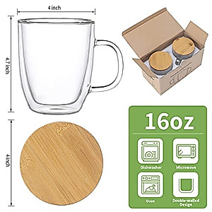 Wwyybfk Double Wall Glass Coffee Mugs, 16oz Insulated Glass Espresso Mugs Cups with Handle Lid (Set of 2) for Cappuccino, Latte,Tea (455ml)
