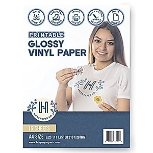 HAYES PAPER, Vinyl Sticker Paper for Inkjet Printers, 15 Premium Glossy White Waterproof Vinyl Sheets, A4 Size