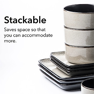 Arora FLACKAR Square Stoneware 16pc Double Bowl Dinnerware Set for 4, Dinner Plates, Side Plates, Cereal Bowls, Pasta Bowls - Reactive Glaze Grey (476076)