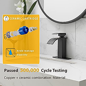 BESy Brass Black Waterfall Spout Bathroom Faucet, Single Hole Single Handle Bathroom Sink Faucet, Rv Lavatory Vanity Faucet with Deck Plate, Brass, Matte Black