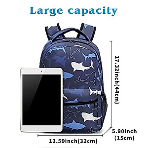 Dacawin Kids Backpack Blue Shark Elementary School Bag for Boys Girls Kids Ocean Themed Bookbag Lightweight Durable Simple Modern Backpacks for Travel Hiking Picnic