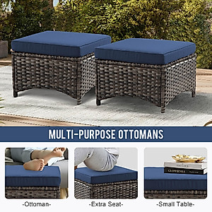 Yokayoay Patio Ottomans 2 Pieces,Outdoor Wicker, Side Table with Removable Cushions, Footrest Furniture for Deck, Porch, Backyard, Balcony, Poolside