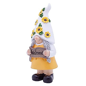 Lerrio & Bifeen Spring Garden Gnomes Figurines Decor 9.5 inch, Carved with Welcome, Sunflower Hat Yellow Dress Gnomes for Spring Gnomes Garden Yard Decorations