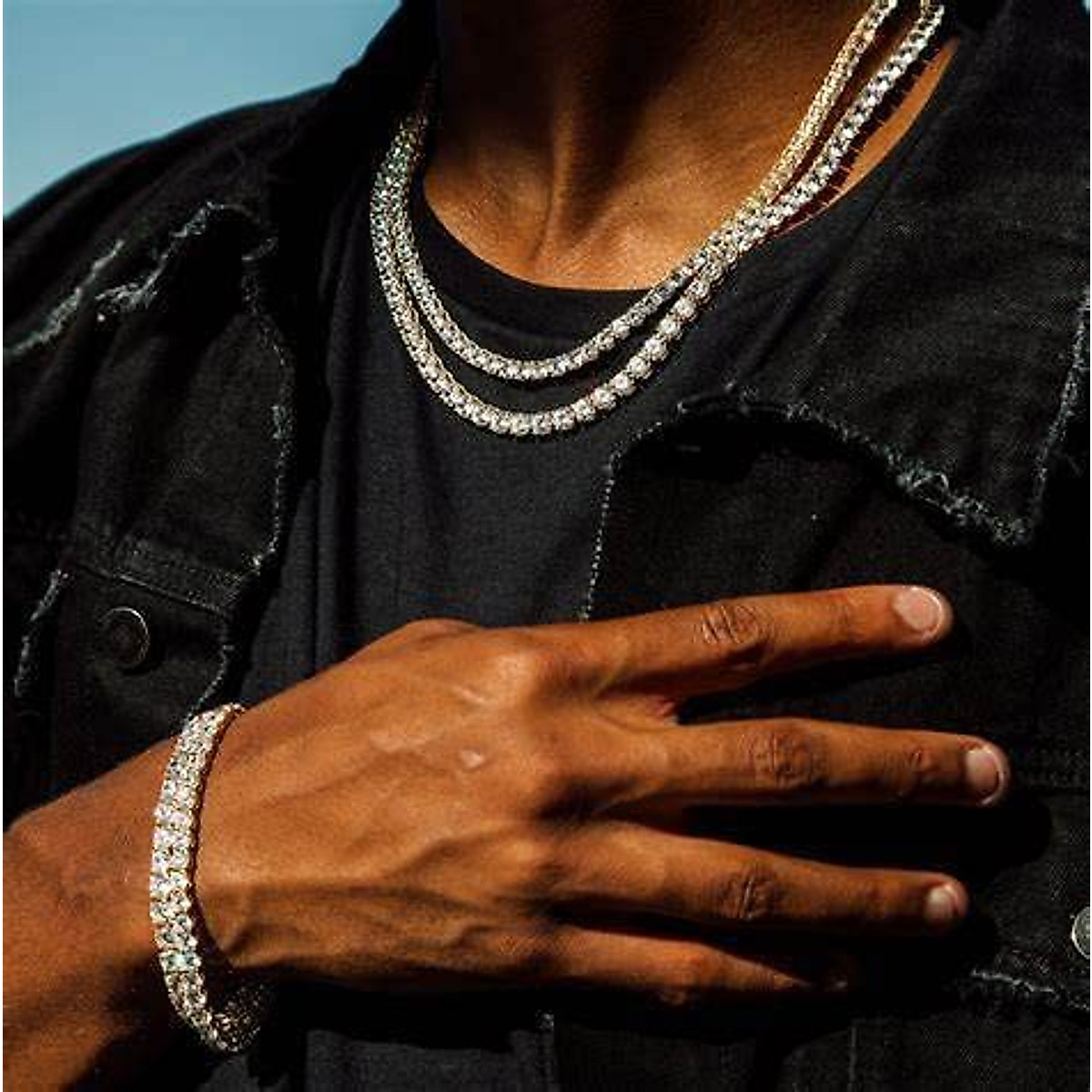 putouzip Tennis Chain Necklace Bracelet For Men 18K Gold Plated 3/4/5MM Round Cut Faux Diamond Link Chains Jewelry Set (5mm Gold Tennis Set, 18inch)