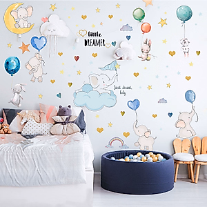 3Sets Cartoon Elephant Rabbit Wall Decals, HOLENGS Cute Balloons Flying Animals Wall Stickers, Stars Removable DIY Wall Decor for Kids Girls Baby Bedroom Classroom Nursery Home Decoration