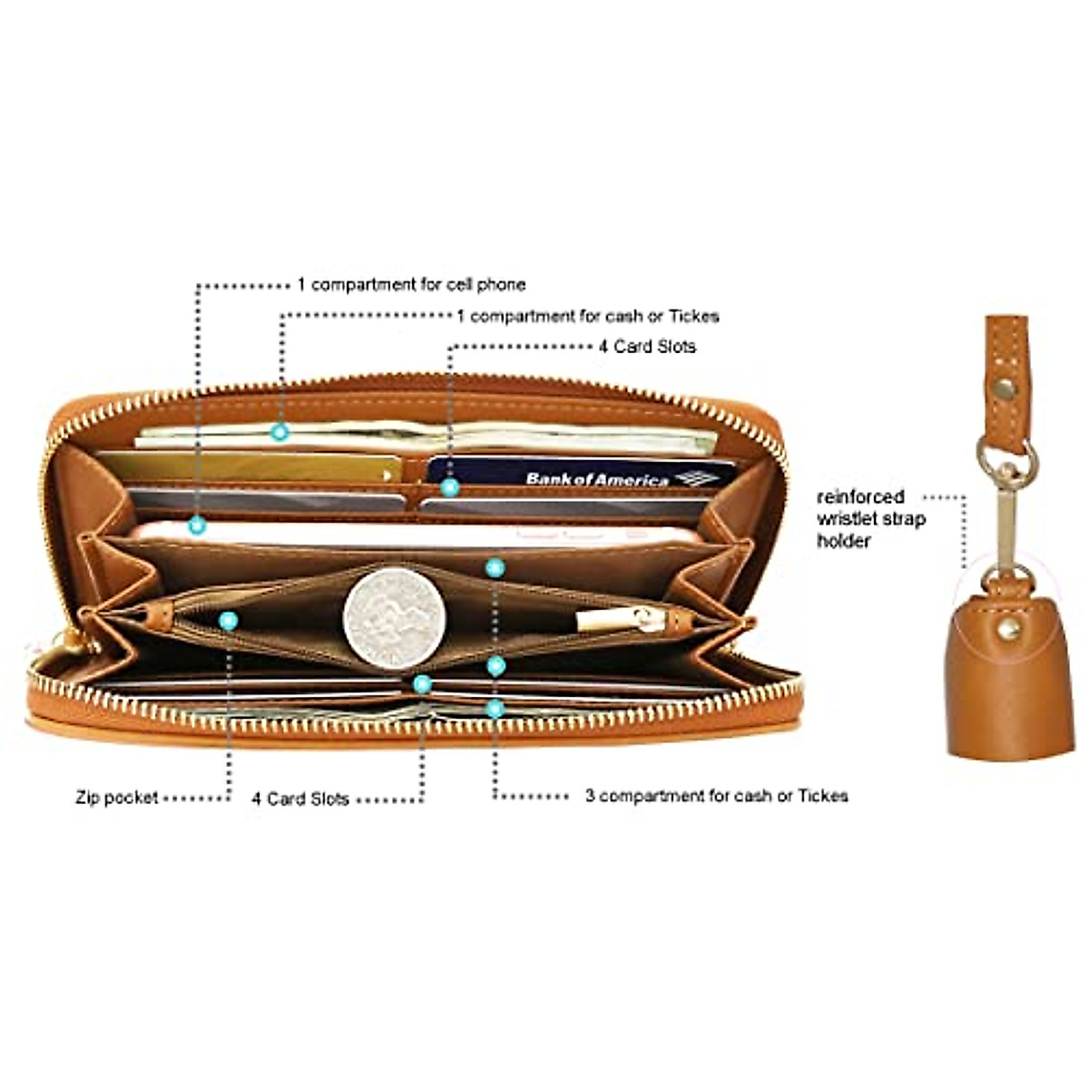 Brentano Vegan Leather Slim Single-Zipper Chevron Embroidered Wallet Clutch with Removable Wrist Strap (WHITE)