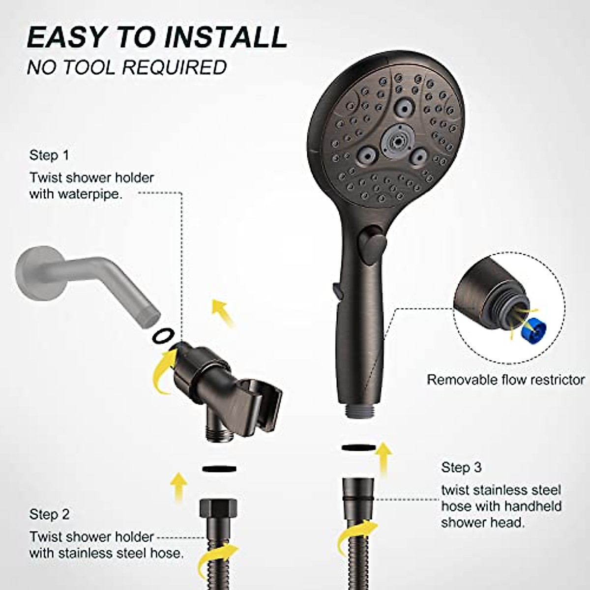 SunCleanse Shower Head, 7 Settings Hand held Shower with ON/OFF Pause Switch, Oil Rubbed Bronze High Pressure Shower Head with 71 inch Hose