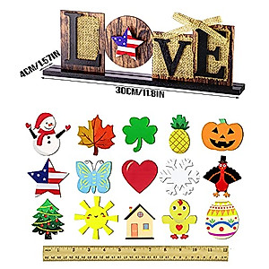Interchangeable Love Sign Home Decor with 15 Pieces Seasonal Icons Wood Letter Table Standing Desk Sign for Valentine's Day Living Room Fireplace Home Decoration