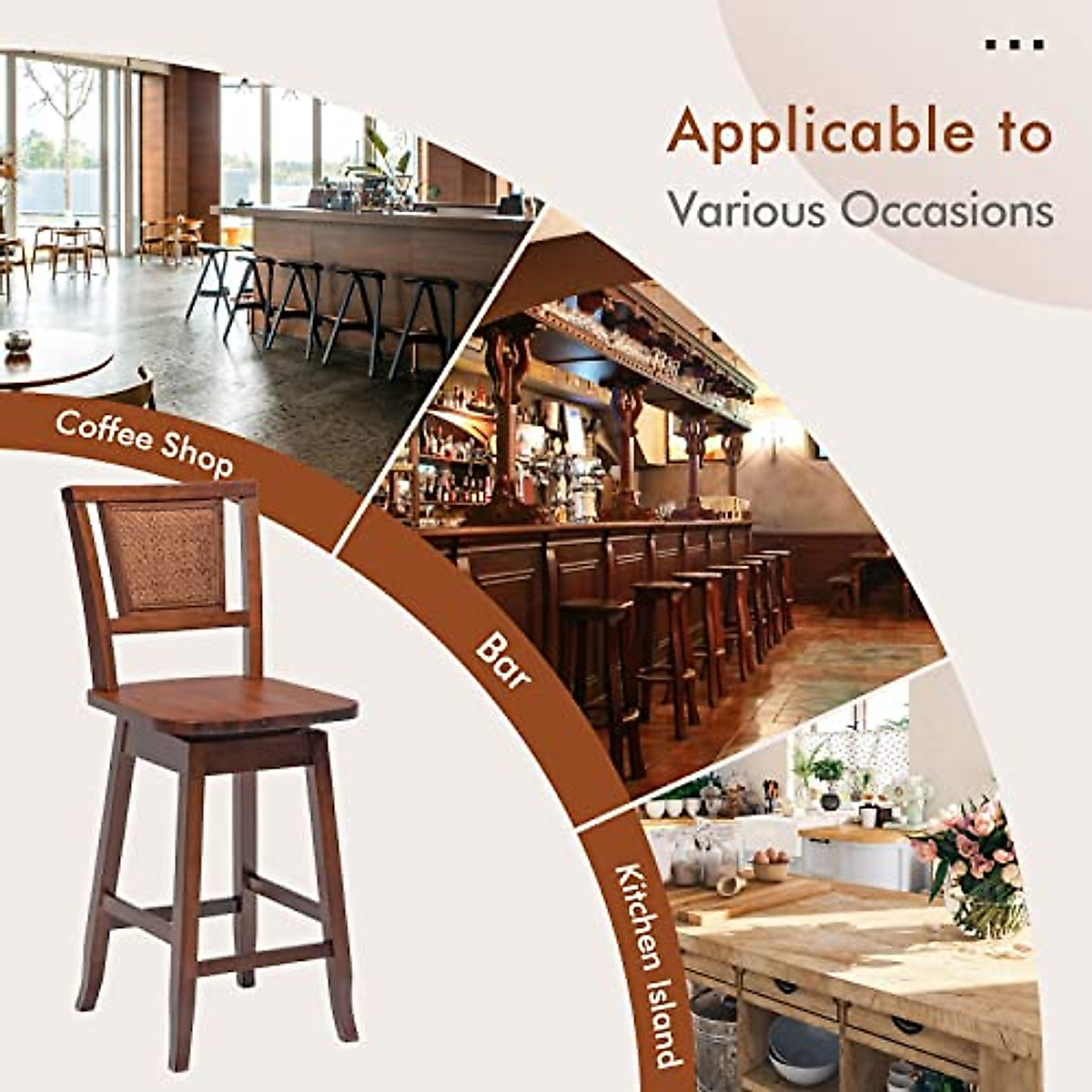 COSTWAY Bar Stools Set of 2, 24.5 Inch Counter Height Bar Stool with Rattan Back, 360°Swivel Seat, Comfortable Footrests, Rubber Wood Bar Stools for Kitchen Island, Dining Room, Cafe, Pub (2)