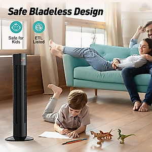 Mirdred Tower Fan with Remote, 36” Bladeless Fan, 70° Oscillating Fan for Bedroom, 3 Speeds, 3 Modes, 12H Timer, LED Display, Quiet Cooling Standing Floor Fans for Home Living Room Office, Black