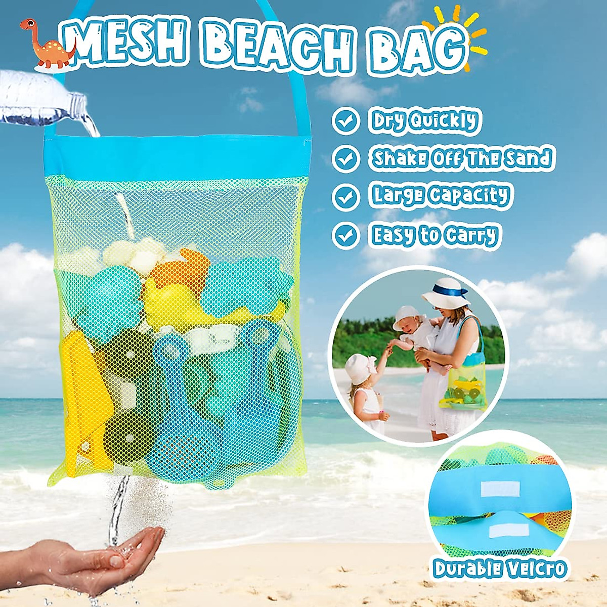 FHOZGECY Beach Toys, 23Pcs Sand Toys, Sandbox Toys with Dump Truck, Collapsible Sand Bucket, Shovel Set, Sand Castle Kit, Animal Dinosaur Molds, Mesh Bag, Travel Toys for Kids Toddlers Boys Girls