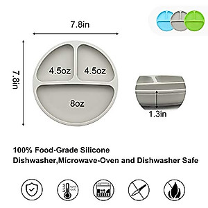 ANTUREBAY Suction Plates for Babies, 100% SiliconeToddler plates,Divided Baby Plates, Dishwasher & Microwave Friendly,Food Grade Silicone Kids Plates with Spoon Fork. (Blue,Green,Gray)
