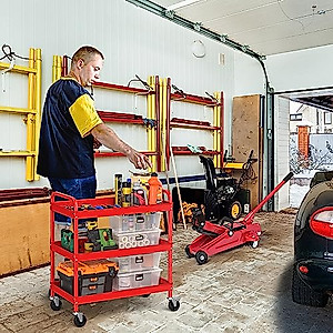 Goplus Service Cart, Heavy Duty 3-Tier Utility Cart with Flat Handle, 2 Lockable Universal Wheel, 400 lbs Capacity, Rolling Tool Cart for Garage, Kitchen, Hotel, Office, Workshop, Restaurant