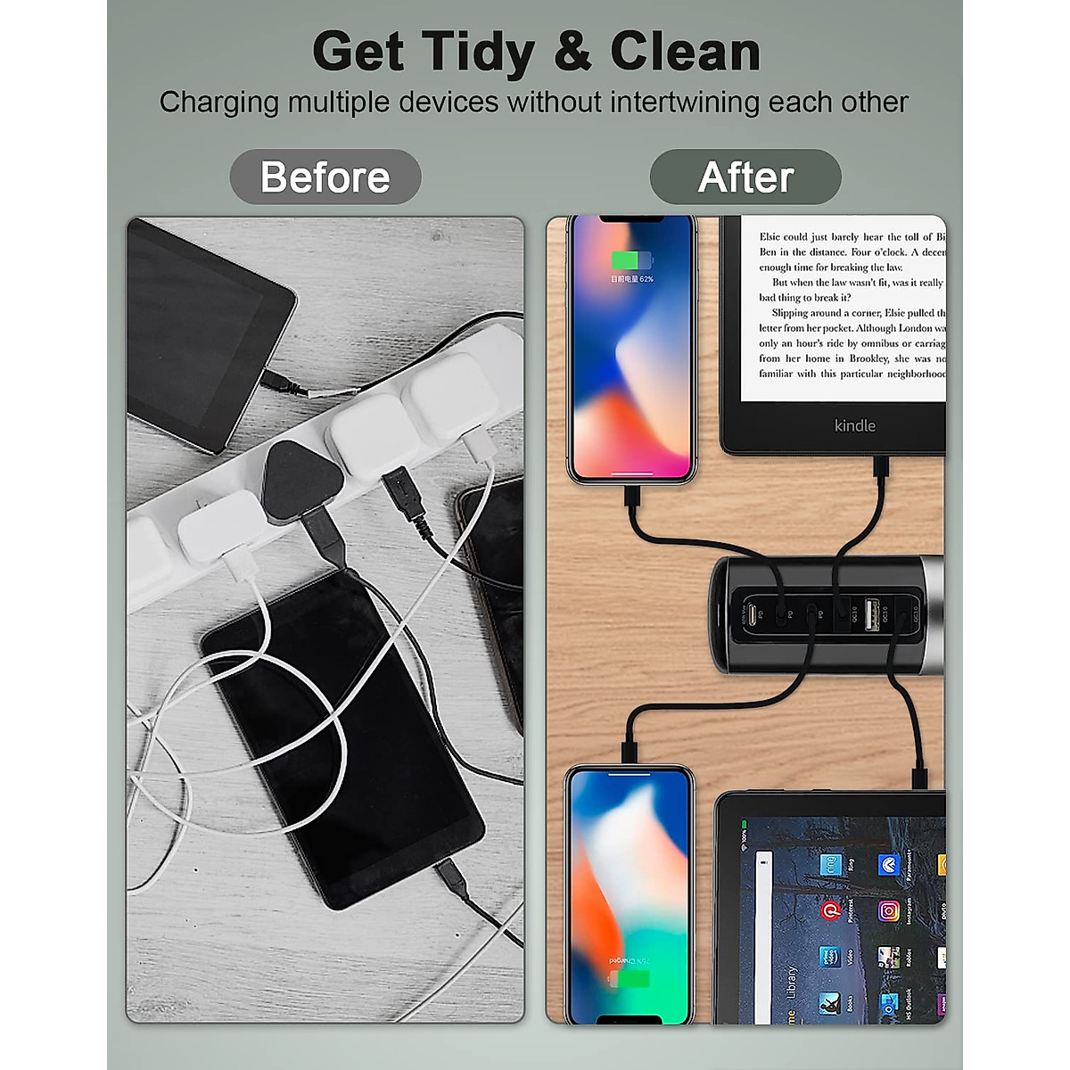 Universal USB & USB C Tower Fast Charging Station 6-Port 60W - Compact, Space-Saving Design with Multiple USB & USB-C Ports for All iPhone Galaxy Note Pixel iPad Multiple Devices