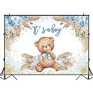 Avezano Boho Bear Baby Shower Backdrop for Boy's Party Decorations Blue Pampas Grass It's a Boy Baby Shower Photography Background Bohemian Bear Baby Shower Decorations Photoshoot (7x5ft)