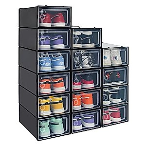 Hrrsaki 15 Pack Foldable Shoe Storage Boxes, Black Plastic Stackable Shoe Organizer Boxes with Front Opening Lids, Ventilation and Dust-proof, Shoe Container Boxes for Closet, Bedroom, Bathroom, Fit for Women/Men Size 9(13” x 9” x 5.5”)
