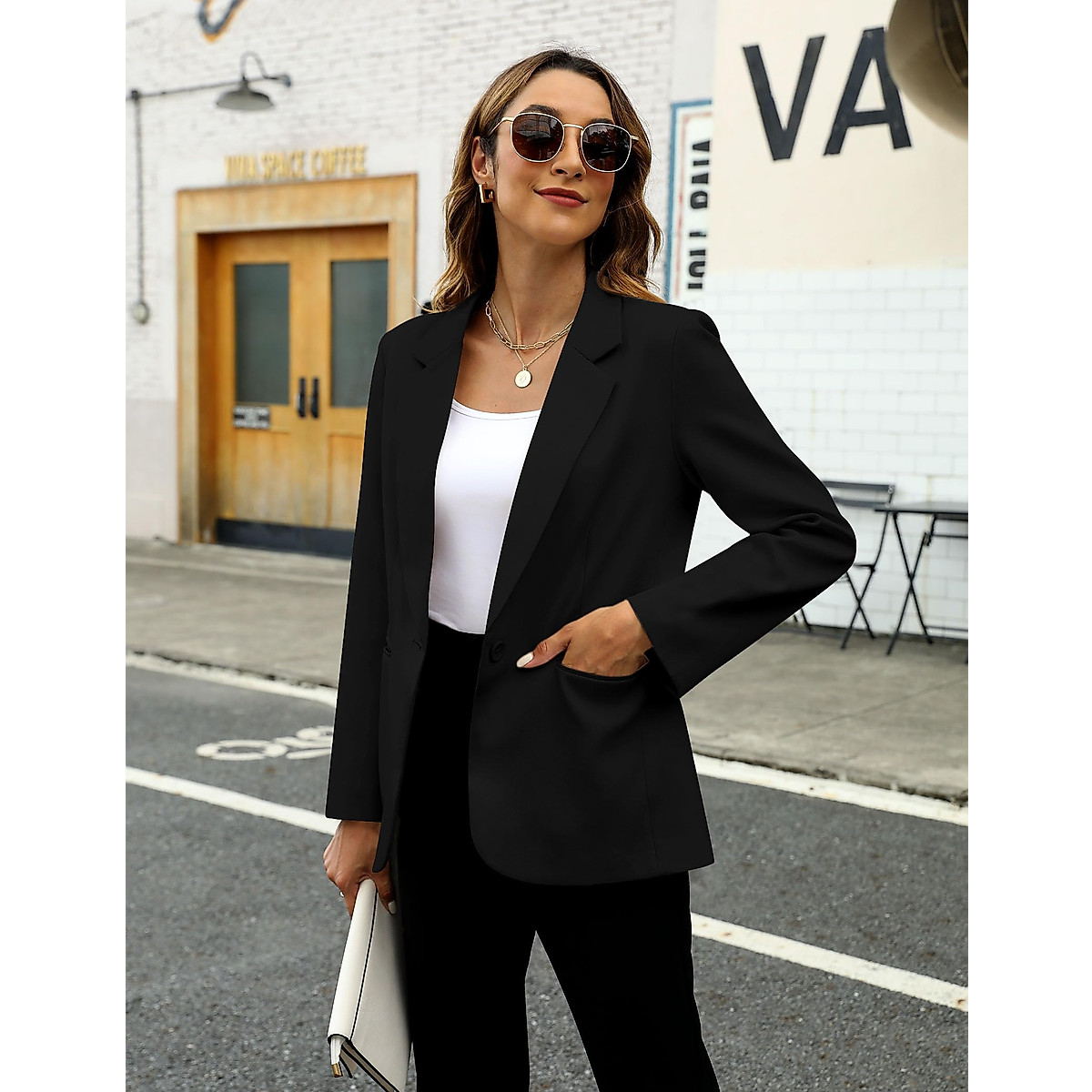 Sucolan Blazer Jackets for Women Open Front One Button Blazer Long Sleeve Office Blazers for Work Black M