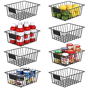 8 Pack Wire Storage Baskets for Organizing with Removable Tags, Pantry Organization Bins for Kitchen Cabinets, Closet - Metal Basket for Laundry, Garage, Refridge, Bathroom Countertop Organizer, Black