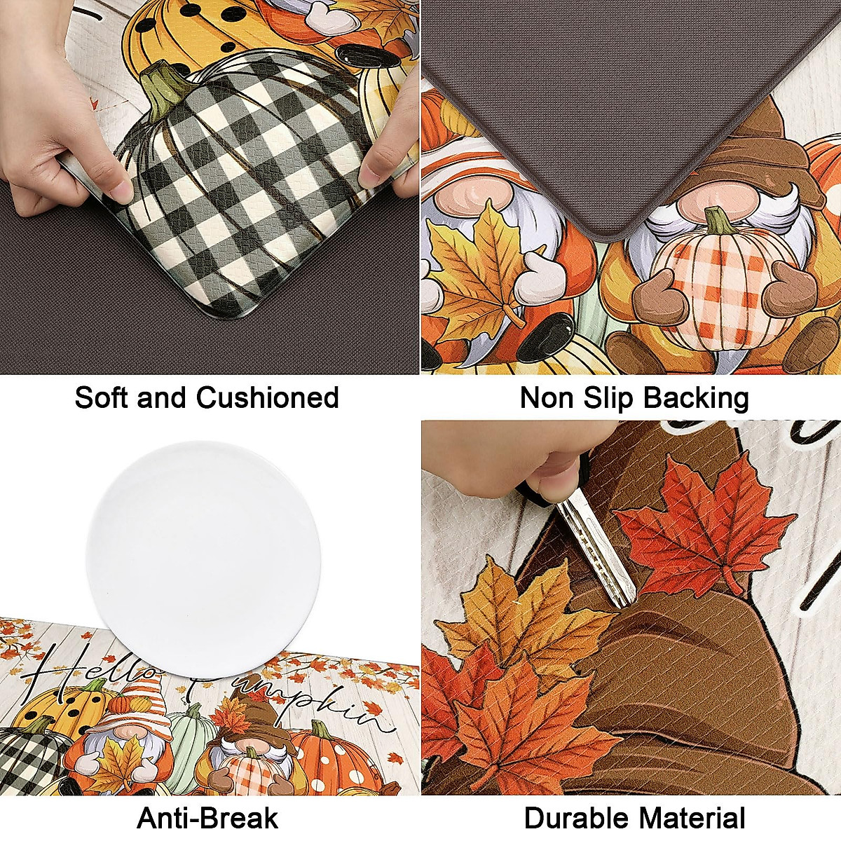 U'Artlines Fall Anti Fatigue Kitchen Rug and Mat 2PCS, Hello Pumpkin Gnome Non Slip Foam Cushioned Farmhouse Kitchen Floor Mats Comfort Standing Mats for Home Decor