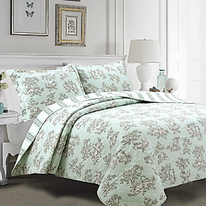Cozy Line Home Fashions Vintage Cottage Garden Toile Mint Green 100% Cotton Reversible Girl Quilt Bedding Set, Coverlet, Bedspread (Garden Toile, King - 3 Piece)
