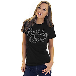 Birthday Tees for Women - Rhinestone Girly Birthday Queen T-Shirt - Birthday Party Shirts - X-Large - Black Tee(Queen RS) Blk/XL