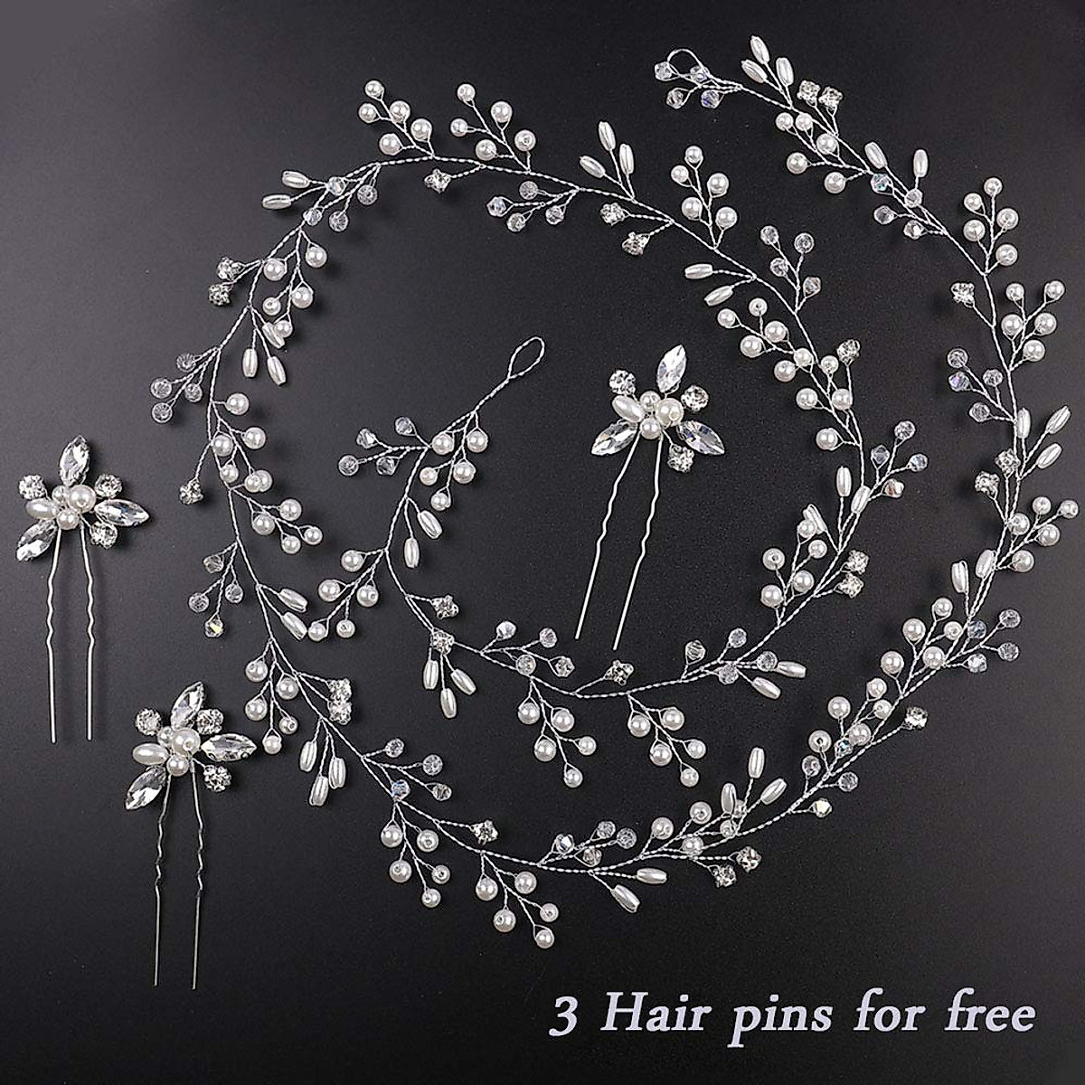 Deniferymakeup Bridal Rose Gold and Gold Silver Extra Long Pearl and Crystal Beads Bridal Hair Vine Wedding Head Piece Bridal Hair Accessories Headband Hair Jewelry Hair Accessories (Silver)
