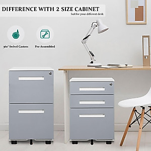 GOOGIC 3-Drawer Mobile File Cabinets, Rolling Metal Vertical Filing Cabinet for Legal & Letter File Anti-tilt Design with Lock Fully Assembled Except Wheel, Gray&White(Style 3)