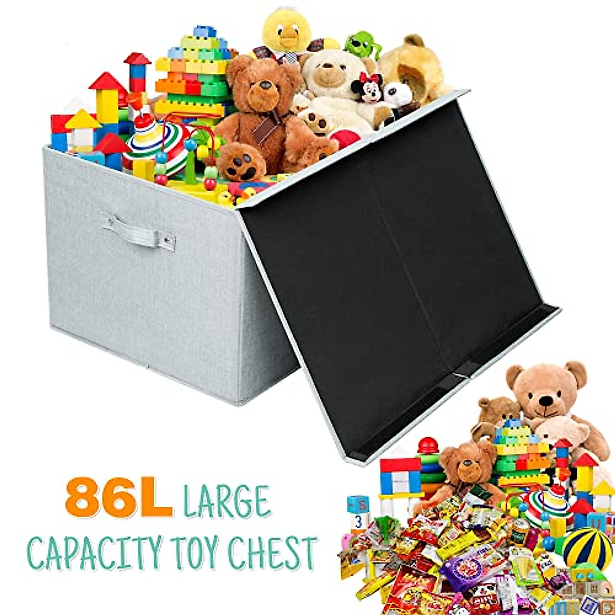 DECOSIS Collapsible Toy Storage Box with Animal Pattern, 86L Large Capacity Fabric Toy Box, Half Flap Design, Sturdy Toy Box for Girls and Boys, Playroom, Living Room, Bedroom (Elephant)